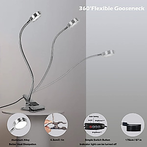 EYOCEAN LED Reading Light, Dimmable Clamp Light for Bed Headboard, Bedroom, Office, 3 Modes & 9 Dimming Levels, Flexible Clip Desk Lamp, Adapter Included, 5W, Silver