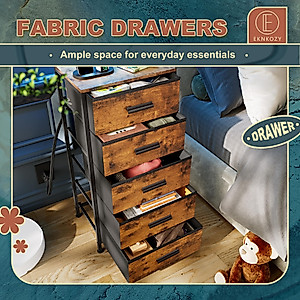 EKNKOZY Nightstand 5 Drawer Dresser with LED Lights, Charging Station, Metal Mesh Shelf with Hooks, Vertical Side Table with Fabric Drawers, End Table, Tall Dresser for Bedroom, Entryway, Rustic Brown