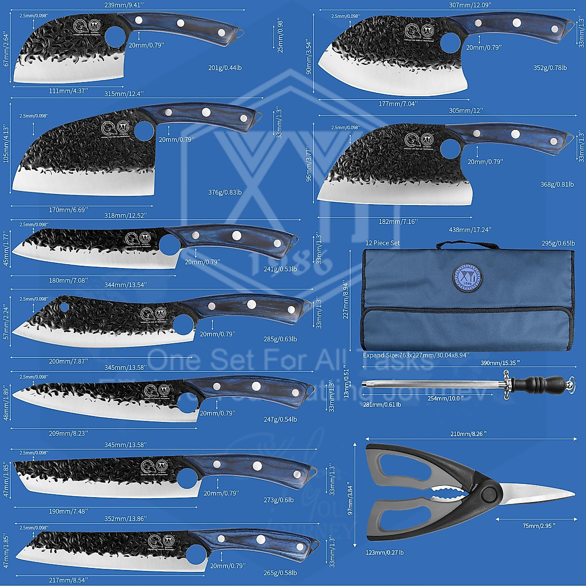 XYJ Professional Chef Knife Set with Bag Japanese Kitchen Knives Serbian Meat Cleaver for Camping Outdoor