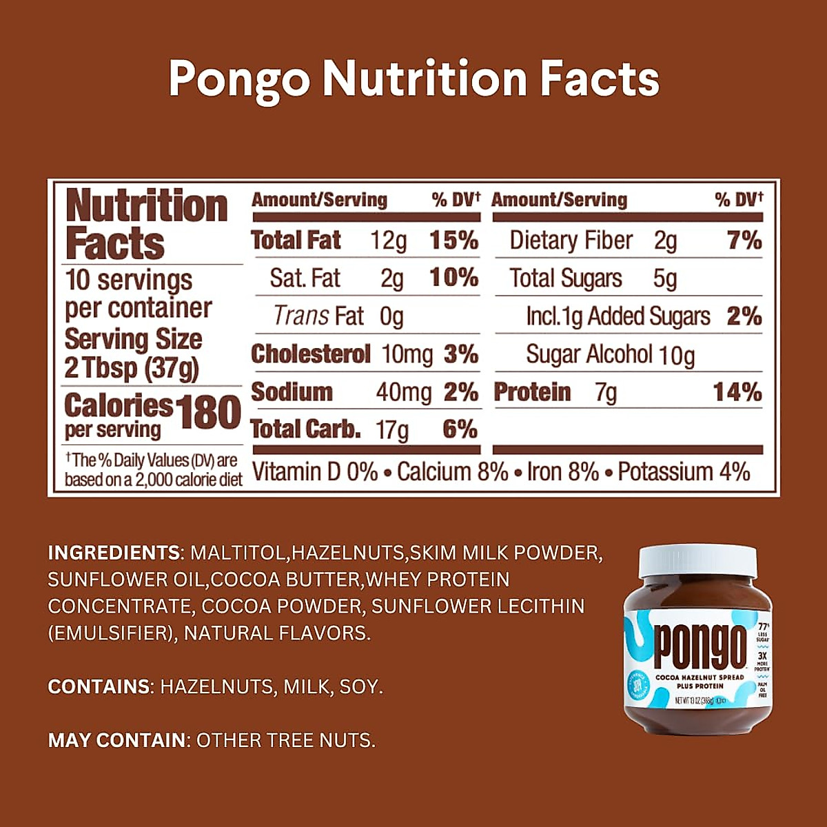 Pongo Cocoa Hazelnut Protein Spread - Low Sugar, Low Carb Sauce, Keto-Friendly Chocolate Dessert Topping (13 oz Jar)
