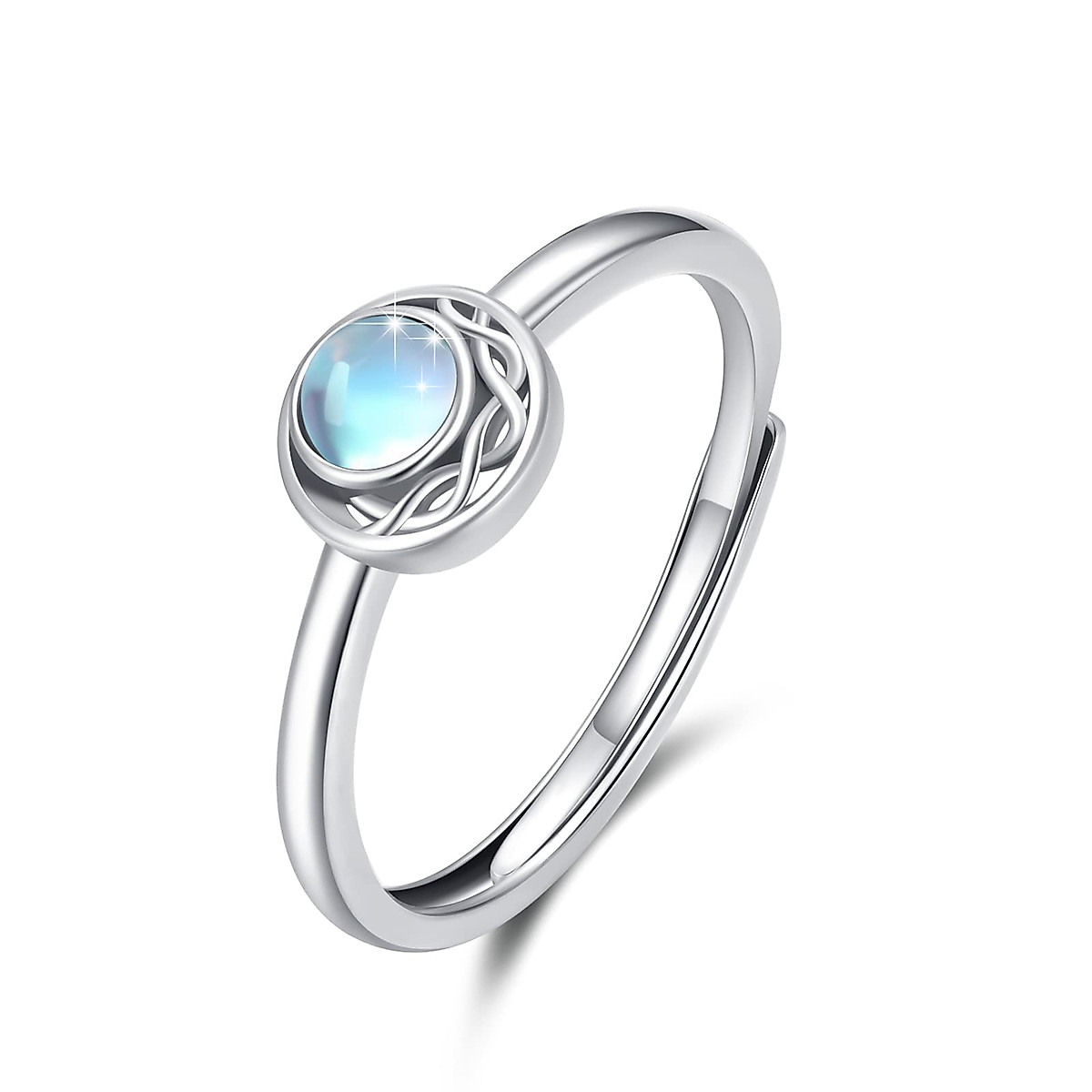 Moonstone Rings Sterling Silver Celtic Knot Adjustable Ring Rainbow Moonstone Stackable Thumb Fashion Finger Hollow Knot Wrap Around Spoon Ring Irish Jewelry Good Luck Gifts for Women (Celtic Knot Moonstone Ring)