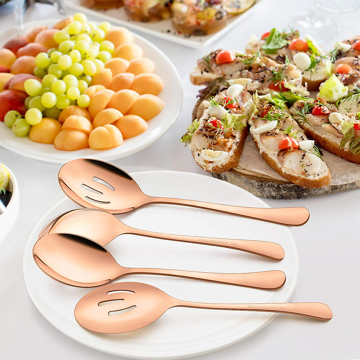 LIANYU 6-Piece Copper Serving Spoons, Copper Slotted Serving Spoons, Stainless Steel Rose Gold Serving Utensils for Party Buffet Restaurant Banquet Dinner Catering, 8 3/4 Inch, Dishwasher Safe