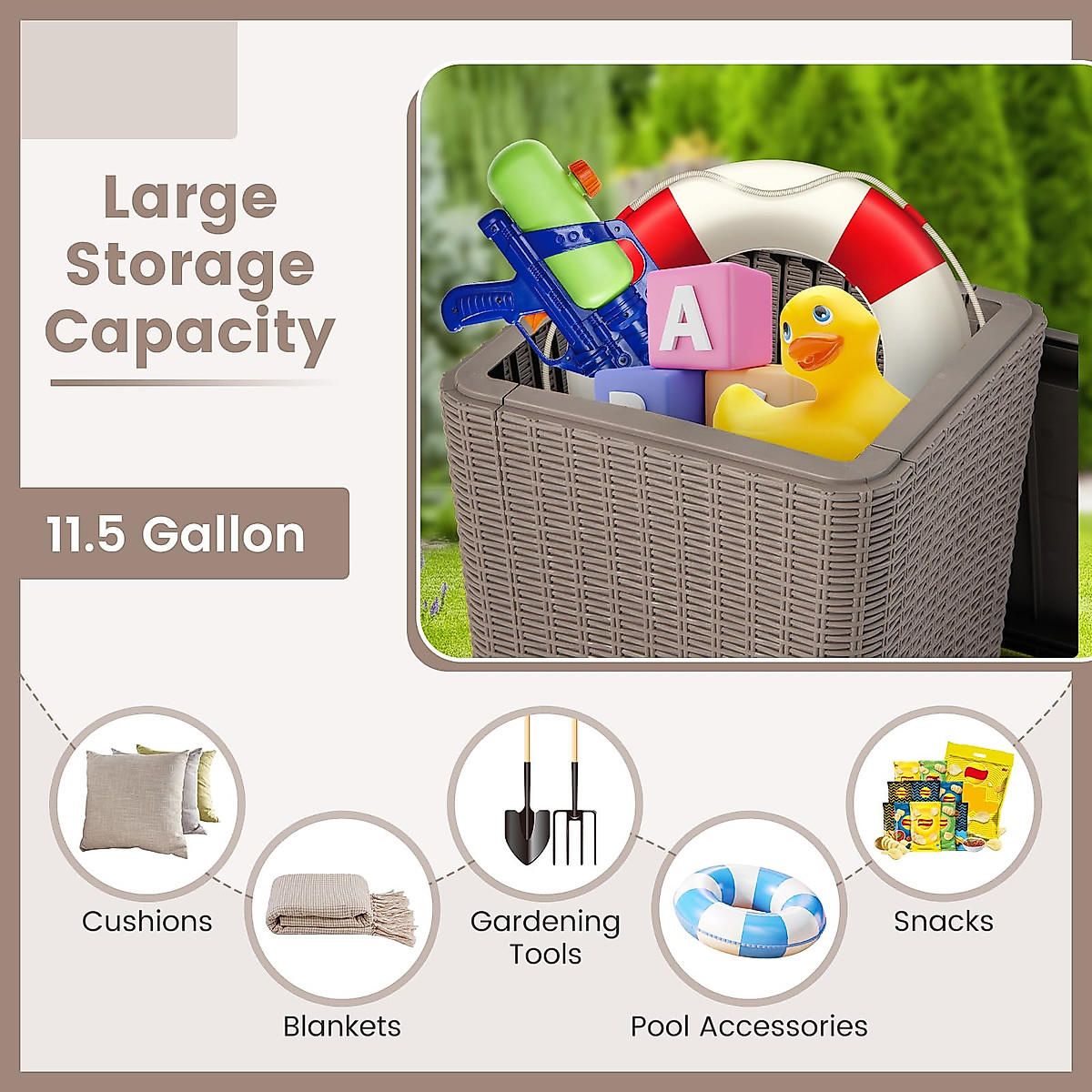 Giantex Small Outdoor Side Table - 11.5 Gallon Deck Box with Removable Lid & Wicker-Woven, Outside Storage Box Waterproof, Resin Rattan Side Table, Outdoor Coffee Table, Patio Storage Box (Brown)