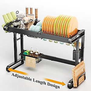 Over The Sink Dish Drying Rack, 2 Tier Adjustable Length (18.9" to 33.5") Sturdy Kitchen Counter Dish Rack Organizer, Black