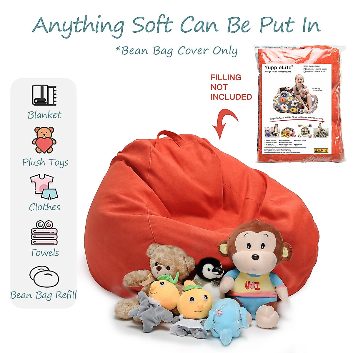 YuppieLife Kids Storage Bean Bag Cover（No Filling） Toy Organizer|Carrying Handle Sofa|Available for Kids and Teenager|Cuddle Chair|Machine Washable and Durable（27'',OrangeRed）