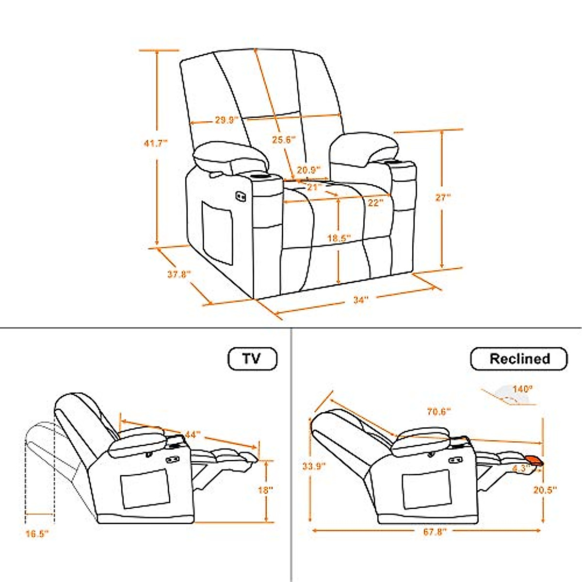 MCombo Fabric Electric Power Recliner Chair with Heat and Massage, Cup Holders, USB Ports, Extended Footrest, Cloth Powered Reclining for Living Room 8015