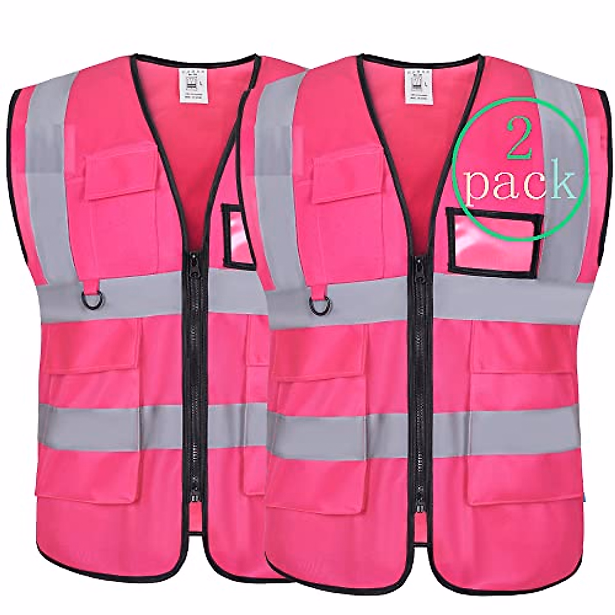 SHUWINXUN Pink Safety Vests 2 Pack High Visibility Reflective Vests with 5 Pockets Workwear Security Strip Construction Vest for Night Running Jogging Cycling Walking (Pink, L, l)