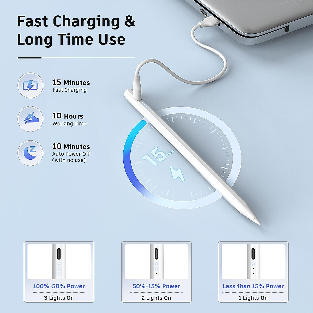 Stylus Pen for iPad 2018-2024, 15 mins Fast Charge Apple Pen iPad Pencil with Palm Rejection and Tilt Sensitivity, Compatible with iPad Pro 11/12.9/13in, iPad 6/7/8/9/10, iPad Air 3/4/5, iPad Mini 5/6