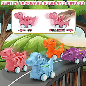 Dinosaur Car Toy for Toddler Girl, Dino Carrier Truck with 4 Mini Cartoon Pull Back Cars with Realistic Lights and Sounds, Pink Girls Toys for Kid Child Baby Age 3 Years Old Birthday Party Gift