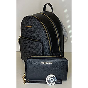 Michael Kors MICHAEL Michael Kors Adina MD Backpack bundled with matching LG Flat MF Phone Wallet Purse Hook (Signature MK Black)