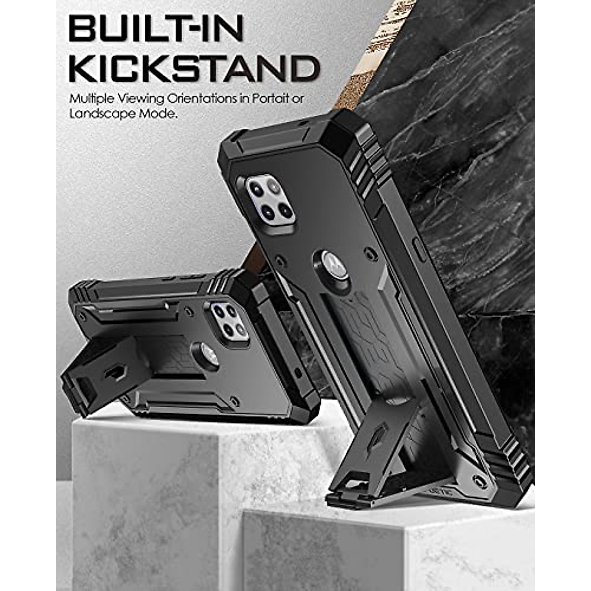 Poetic Revolution Series Case for Motorola Moto One 5G Ace (2021), Full-Body Rugged Dual-Layer Shockproof Protective Cover with Kickstand and Built-in-Screen Protector, Black