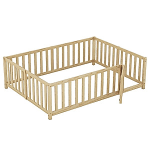 RUNNA Multifunction Full Size Wood Daybed with Fence Guardrails and 2 Drawers, Split into Independent Floor Bed & Daybed for Kids Girls Boys (Natural#8)
