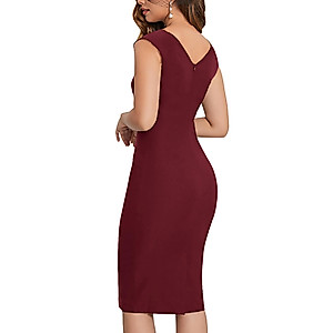 MUXXN Women's Lady Sleeveless V Neck Rucehd Pencil Bodycon Midi Solid Color Party Dress Merlot M