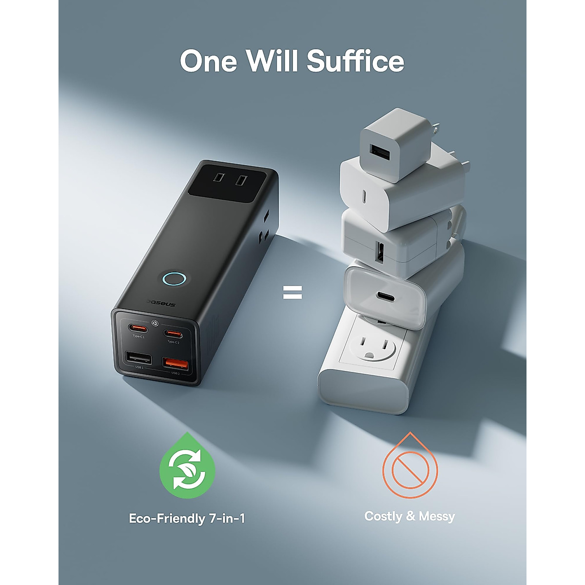 Baseus Charging Station 100W, 7-Port GaN USB C Charger Power Strip Surge Protector 1200J with 5ft Extension Cord, Fast Charging Desktop Outlet Extender for Laptop, MacBook, iPhone, Travel, Work