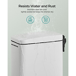 SONGMICS Bathroom Trash Can, 1.3 Gallon (5 L) Small Trash Bin with Lid, Slim for Small Spaces, Stainless Steel Garbage Can, Soft Close, White ULTB560W05