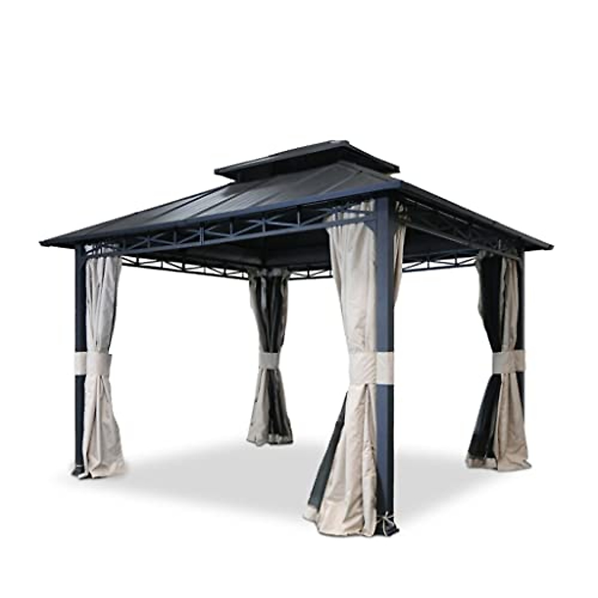 UXZDX 12 Ft. X 10 Ft. Black 2-Tier Double Roof Metal Hard Top Gazebo with Curtains and Netting