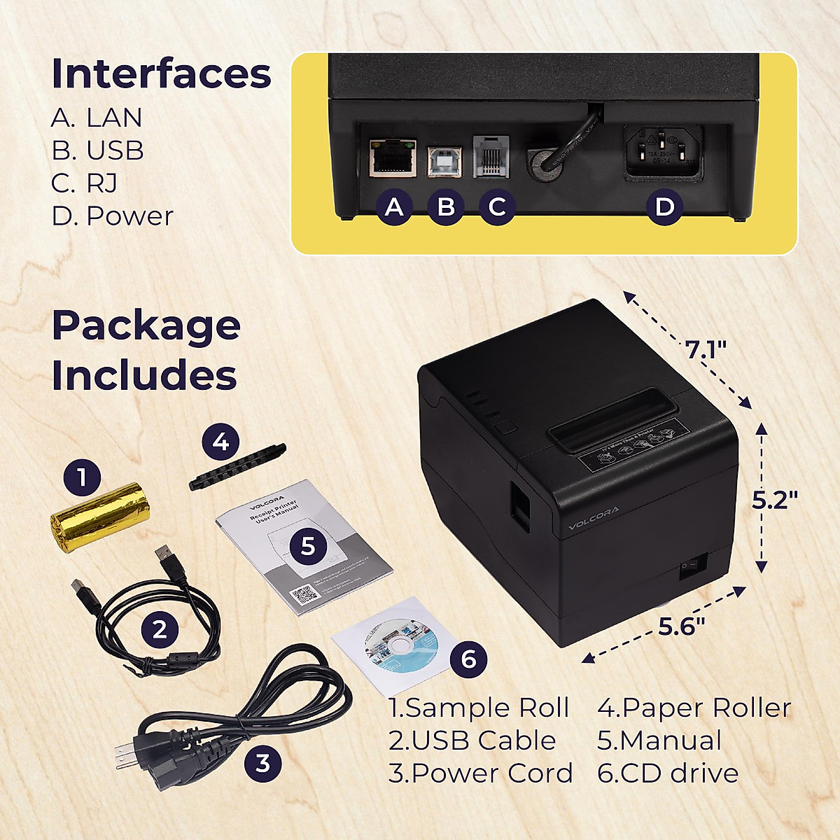 Volcora Thermal Receipt Printer, 80mm POS Printer w/Auto Cutter, USB/Ethernet Interface for Windows/MAC/Linux, ESC/POS Command Support Cash Drawer, High Speed Kitchen Printer, Wall Mount (Black)