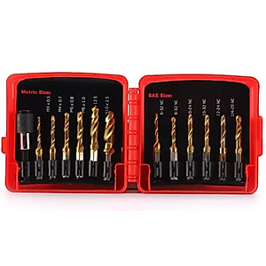 SharCreatives 13 pcs SAE and Metric Combination Drill & Tap Bit Set, 3-in-1 Titanium Coated Screw Tapping Bit Tool for Drilling, Tapping, Countersinking, with 1/4" Quick-Change Adapter