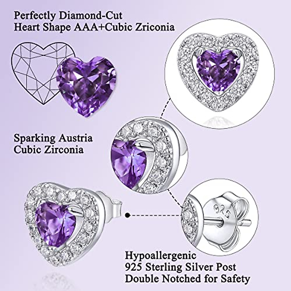 SIMPLGIRL 925 Sterling Silver Birthstone Stud Earrings for Women Girls February Birthstone Earrings Jewellery Gifts Silver Heart Stud Earrings with Cubic Zirconia Birthday Gifts (with Gift Box)