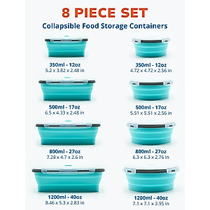 Lunememo 16 Pack Collapsible Silicone Food Storage Containers with Lids, Freezer & Dishwasher Safe, Foldable Lunch Box for Camper, Leftovers, Snacks, Meals, Blue