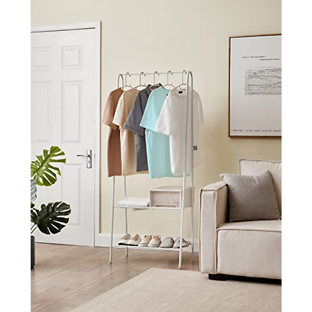 WEASHUME Clothes Rack with 2-Tier Metal Bottom Shelves Portable Garment Rack Double Rod Coat Rack for Bedroom Hanger Clothes ,Shoes Rack White