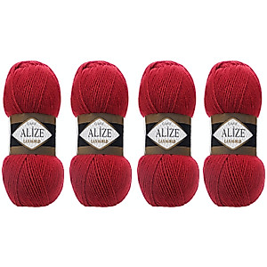 Alize Lanagold Yarn for Crochet, Knitting Crafting Wool,Hand Knitting Yarn Blend Warm Soft Natural Chunky Hand Woven Knitting Crochet Wool Lot of 4 skeins 400gr 1048 yds (56-Red)