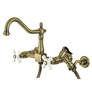 Kingston Brass KS1243PXBS Heritage Wall Mount Bridge Kitchen Faucet with Brass Sprayer, Polished Chrome