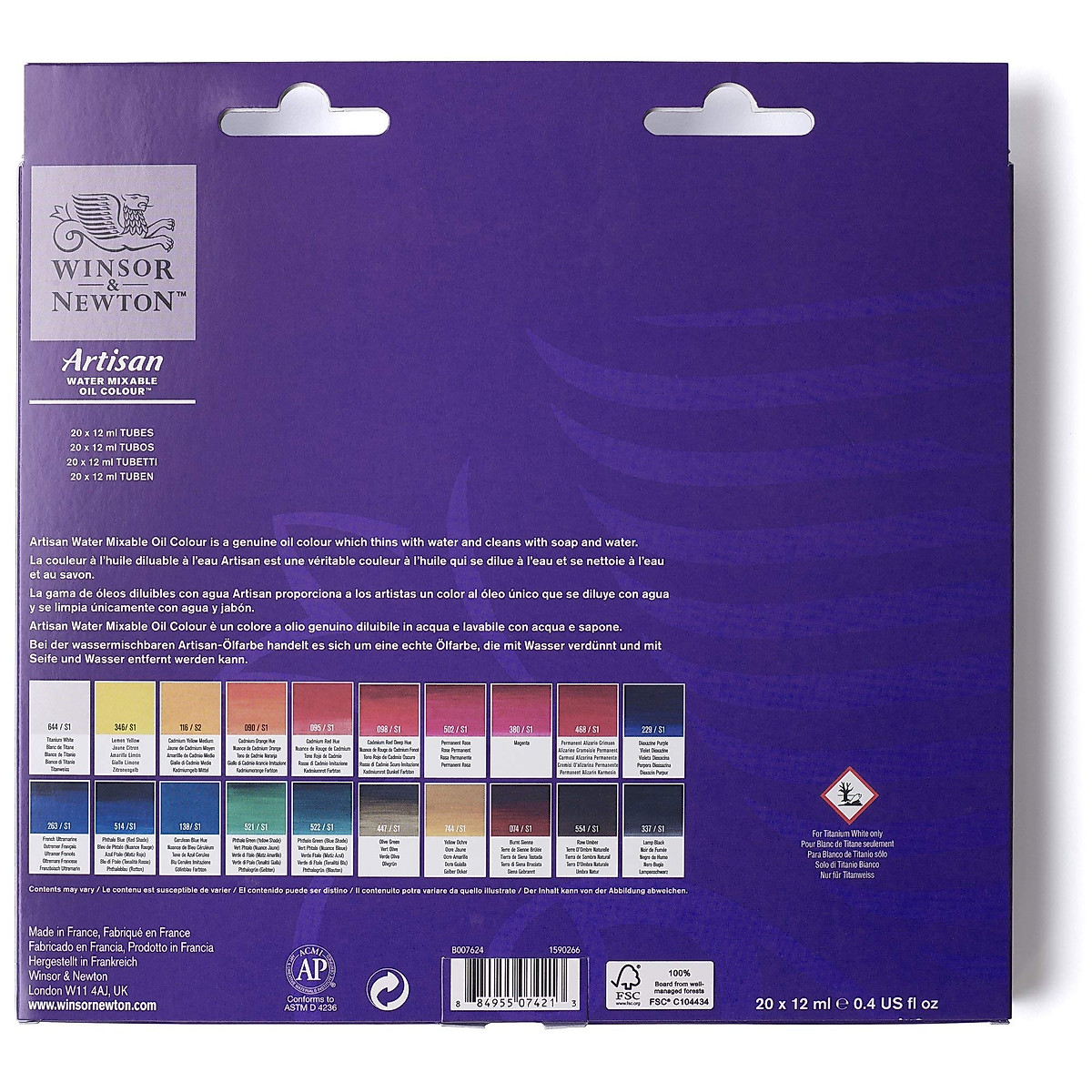 Winsor & Newton Artisan Water Mixable Oil Color Paint, 0.4-oz (12xml) Tubes, Set of 20