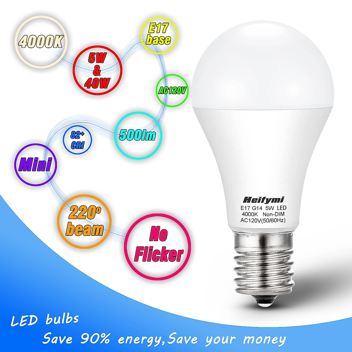 Heifymi E17 Intermediate Base 5W LED Bulb, 40 Watts Equivalent, Neutral/Natural White 4000K, 500 Lumens, AC120 Volts, LED Replacement for Chandelier Ceiling Fan Lights Bulbs, Non-dimmable(4 Pack)