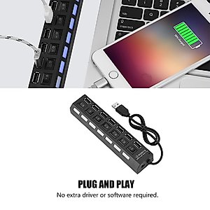 7 Port USB Hub,480Mbps No Conflict Plug & Play USB 2.0 Charger Hub with 7 Independent Switches and Multi-Level for Mobile Phone, Tablet PC, Keyboard, Mouse, Hard Drive, etc