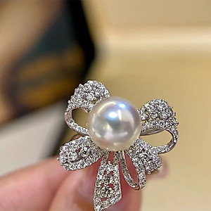 Elegant Bow Knot Pearl Rings for Women Rhinestone CZ Crystal Butterfly Tie Open Statement Ring Promise Engagement Rings Anniversary Wedding Band Jewelry