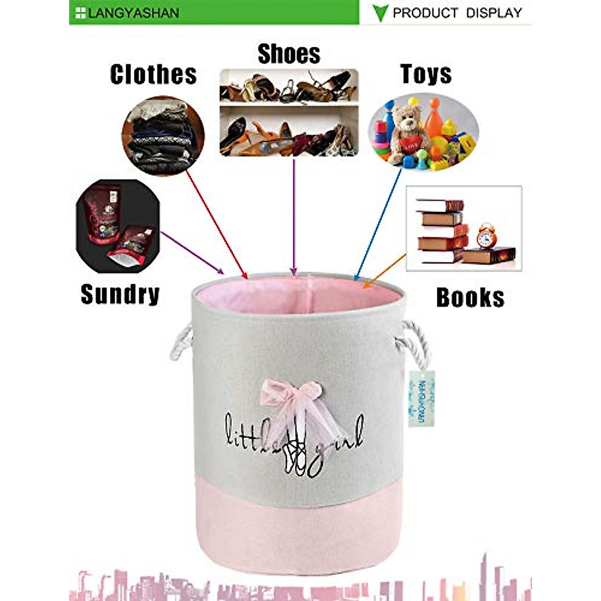 LANGYASHAN Laundry Basket Canvas Collapsible Organizer Storage Basket for Boys Girls Laundry Hamper Toy Bins Gift Baskets Bedroom Clothes Children Nursery (Pink Lace)