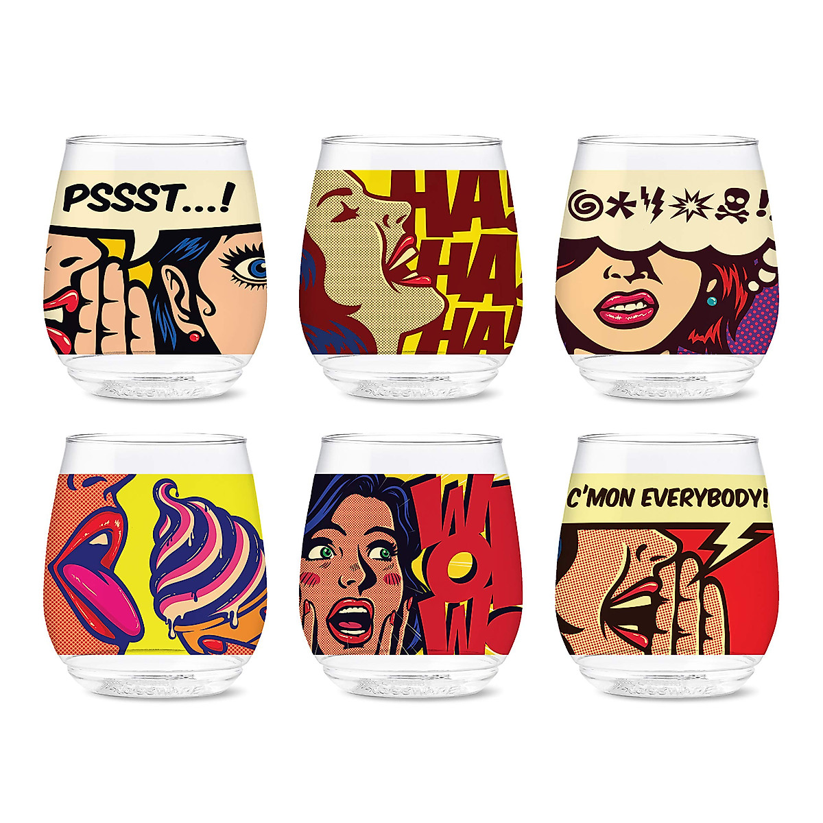 TOSSWARE POP 14oz Vino Pop Art Comic Series, SET OF 6, Premium Quality, Recyclable, Unbreakable & Crystal Clear Plastic Wine Glasses