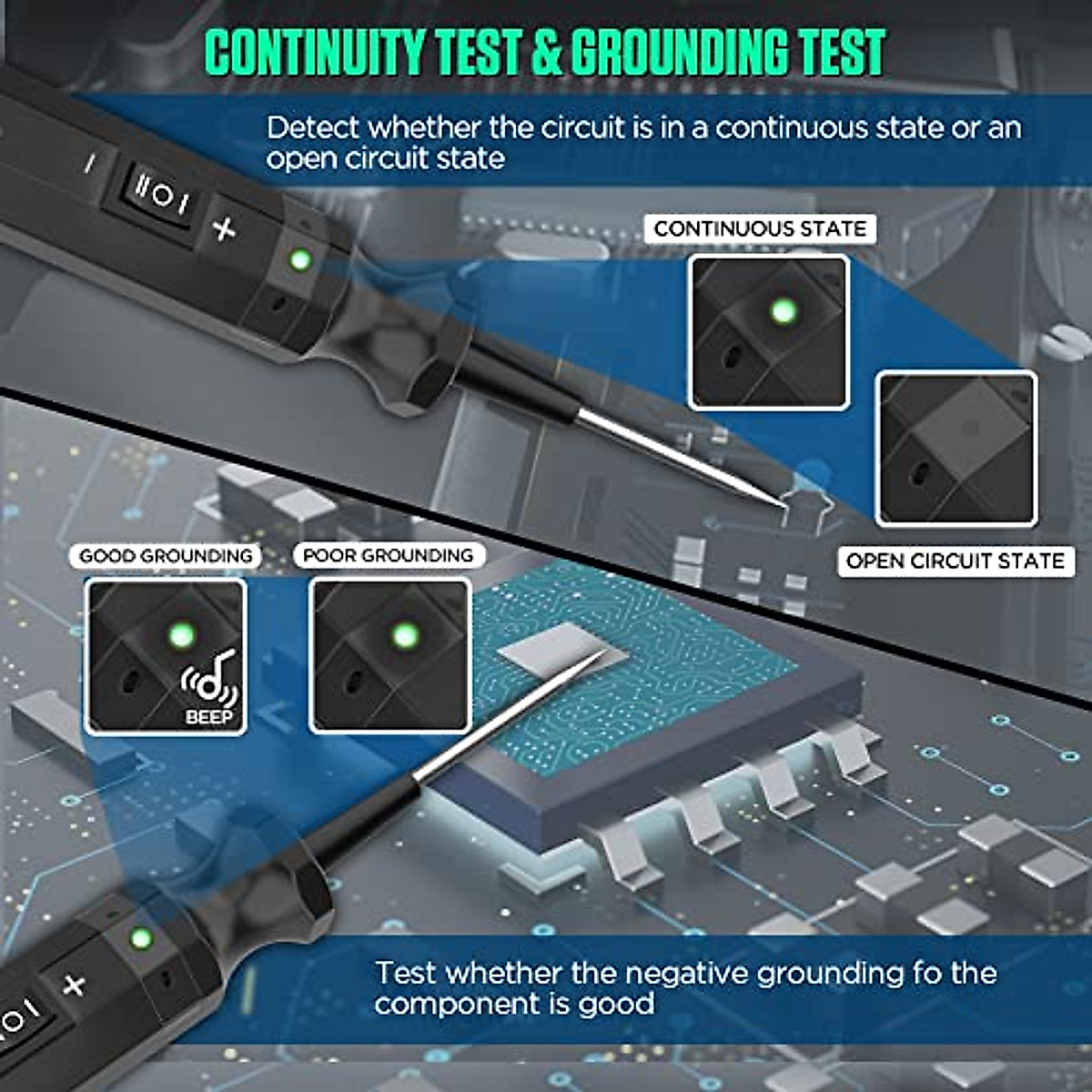 Power Circuit Probe Tester Polarity Identify Electrical Tester 6V-24V DC Short&Open Circuit Tester Automotive with 13FT Long Test Lead,LED Test Light,Buzzer,High-sensitive Test Pen,Overload Protection