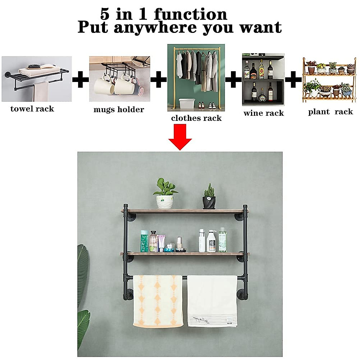 Clothes Rack with Shelf, 36in Industrial Pipe Wall Mounted Garment Rack, Space-Saving Display Hanging Pipe Clothes Rack, Heavy Duty Detachable Multi-Purpose Hanging Rod for Closet Storage (2-Layer)