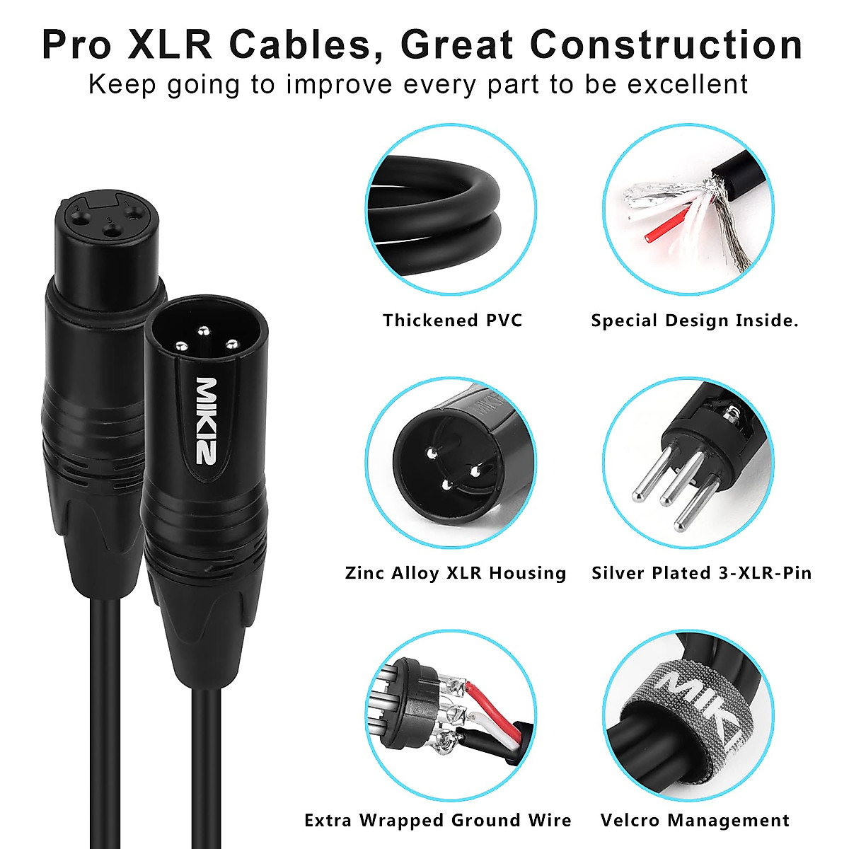 MIKIZ XLR Cables 3 Feet 10 Pack - Pro Balanced Short XLR Audio Cables 3-Pin XLR Male to Female