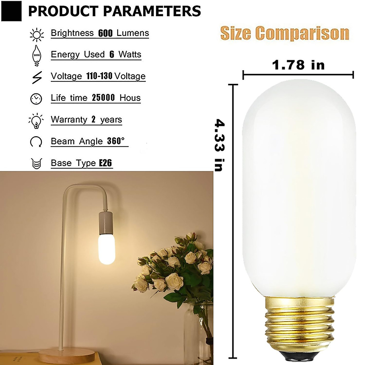 Leools E26 LED Bulb 6W Equivalent e26 led Bulb 60 Watt Warm White 2700K Frosted Glass Dimmable E26 Edison Bulb AC120V 600lm Tubular T14 LED Bulb for Pendant, Sputnik, Pack of 6.