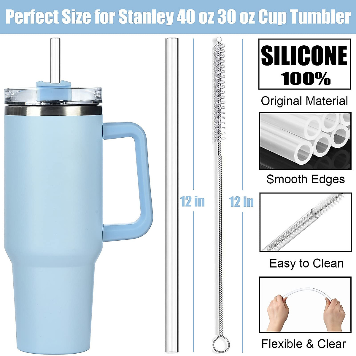 ALINK 10 Pack Silicone Replacement Straws for Stanley 40 oz 30 oz Tumbler, 12 in Long Reusable Clear Straws for Stanley Cup Accessories, Half Gallon Jug, Plus 2 Cleaning Brush