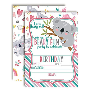 Let's Hang Out Cute Koala Bear Themed Birthday Party Invitations for Kids, 20 5x7 Fill In Cards with Twenty White Envelopes by AmandaCreation