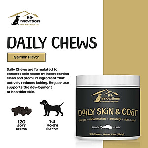 K9-Innovations Daily Skin & Coat Dog Chews Salmon Flavor - Reduce Itching & Paw Chewing - Clean Ingredients, Omega 3 & Vitamin C for Immune Function & Dog Skin Health 1-4 Month Supply - 120 Dog Chews