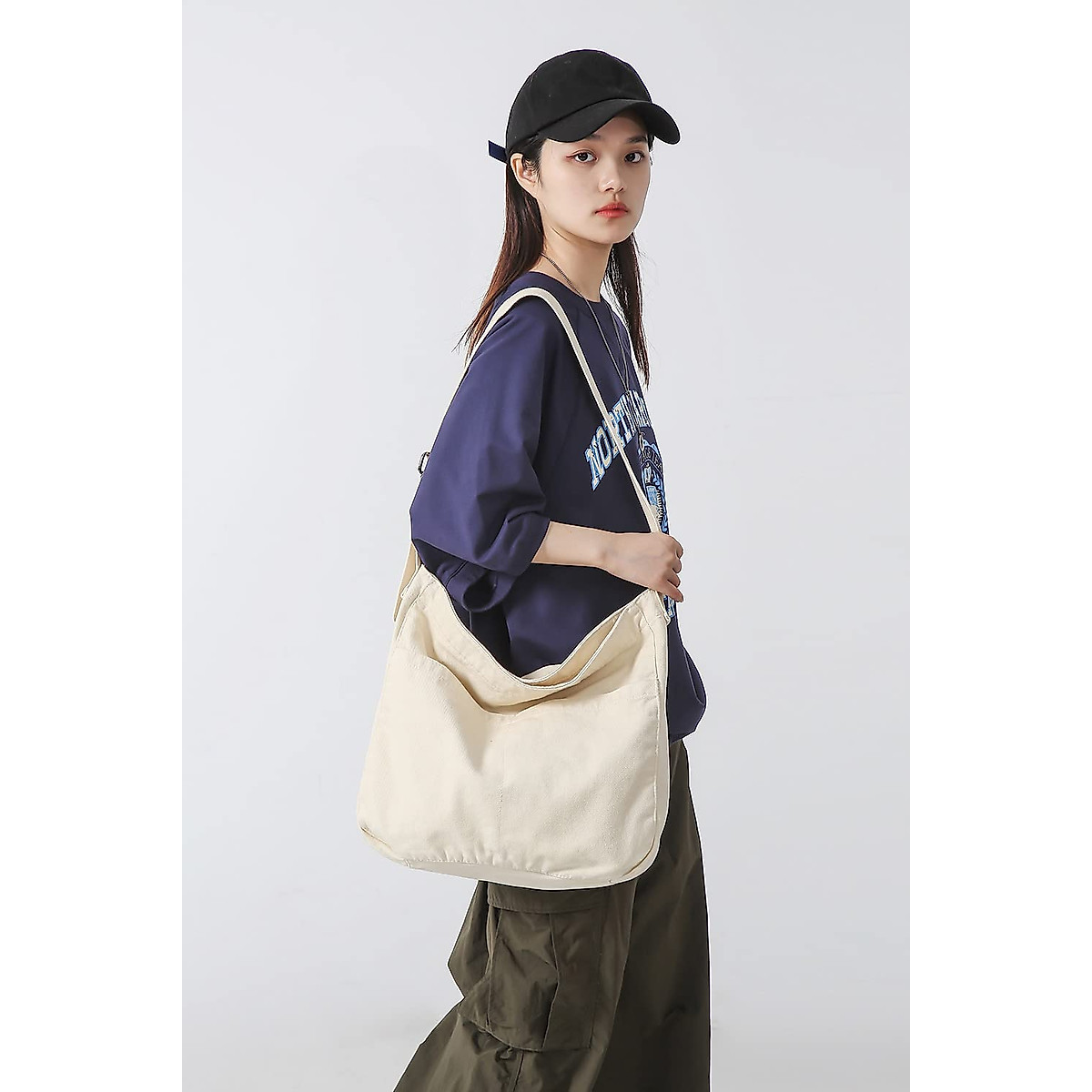 Micmores Crossbody Bags for women, Large Hobo Bag Canvas Messenge Tote Handbagr for Travel Work Shopping(Off White)