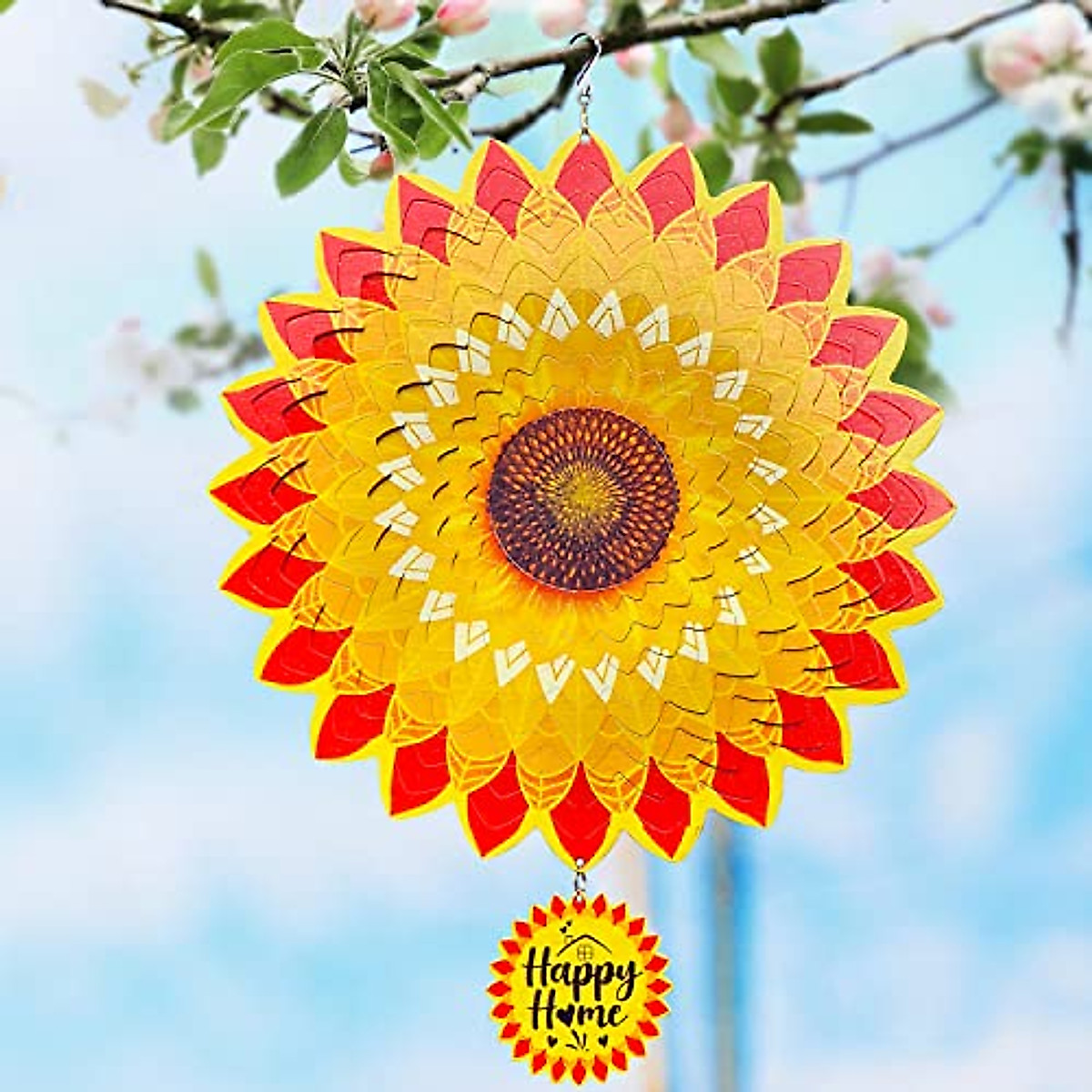 Wind Spinners for Yard and Garden - 12 inches Large - 3D Reflective Stainless Steel Hanging Wind Spinners - Home or Outdoor Decor - Kinetic Metal Art Design - Ideal for Gifts (12 Inches, Sunflower)