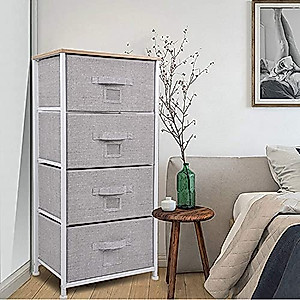 CERBIOR Drawer Dresser Closet Storage Organizer with Label Card 4-Drawer Closet Shelves, Sturdy Steel Frame Wood Top with Easy Pull Fabric Bins for Clothing, Blankets - Grey