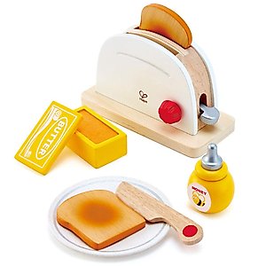 Hape White Wooden Pop-Up Toaster Set Pretend Play Breakfast Accessories for Preschoolers