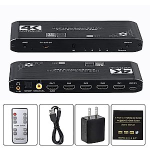 HDMI Switch 4x1 with Optical SPDIF/Coaxial/ 3.5mm L/R Audio Extractor, 4 in 1 Out 4K@60Hz HDMI Switcher Support HDMI 2.0b HDCP 2.2, ARC Function for Xbox, PS4,Blu-Ray Player (with Remote Control)