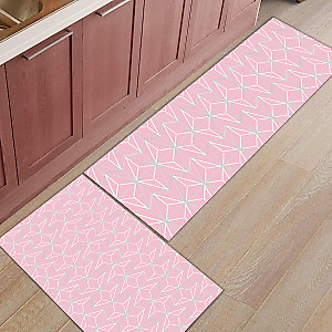 LooPoP Pink Kitchen Mats for Floor Cushioned Anti Fatigue 2 Piece Set Kitchen Runner Rugs Non Skid Washable Geometric Abstract Nordic
