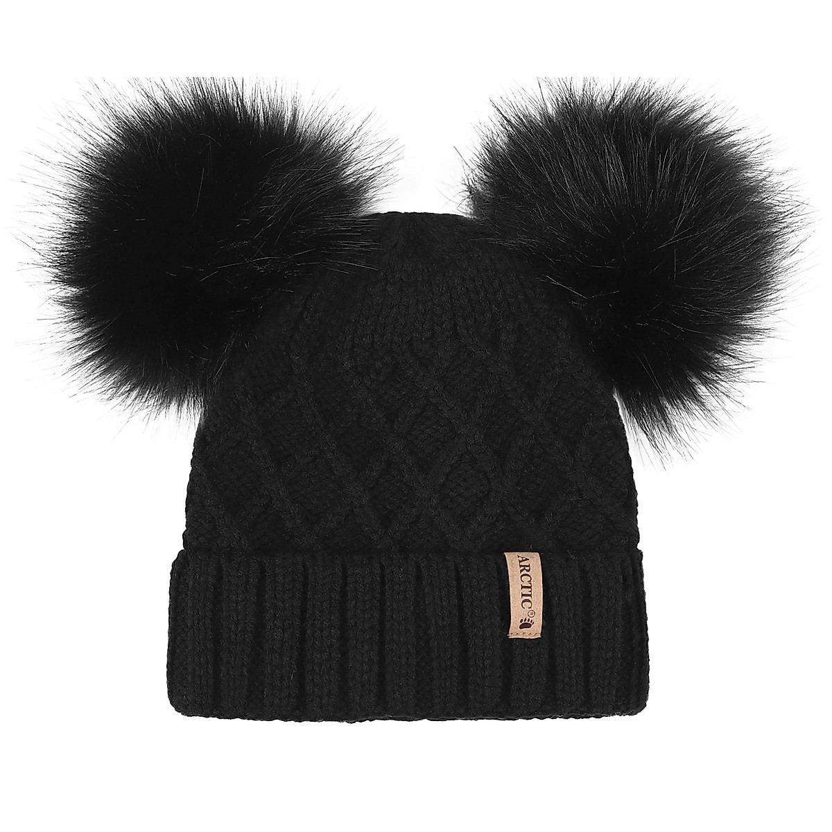 Arctic Paw Winter Cable Knit Fleece Lined Pom Pom Beanie for Women Black