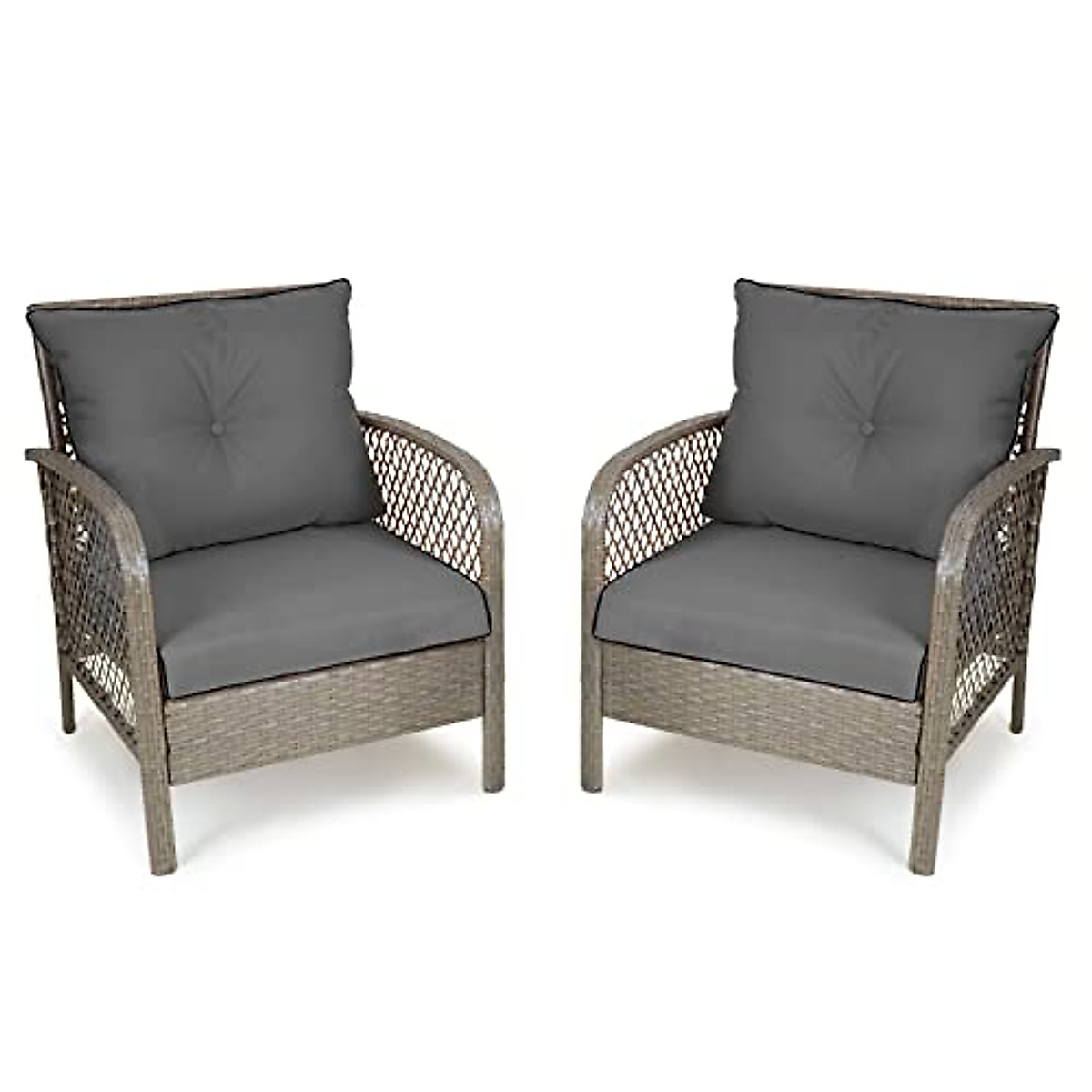 FYRICKYLINOO Patio Furniture Wicker Armchair 2 Pieces Outdoor Chairs Set with 2 PCS Pillows, All-Weather PE Rattan Single Chair for Garden Backyard Balcony,Grey Cushions