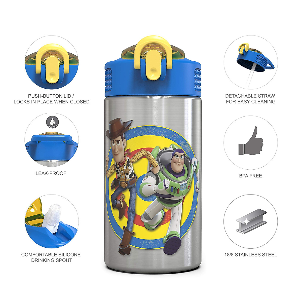 Zak Designs Toy Story 4 Buzz & Woody 15.5 ounce Water Bottle, Non-BPA with One Hand Operation Action Lid and Built-in Carrying Loop, with Straw is Perfect for Kids