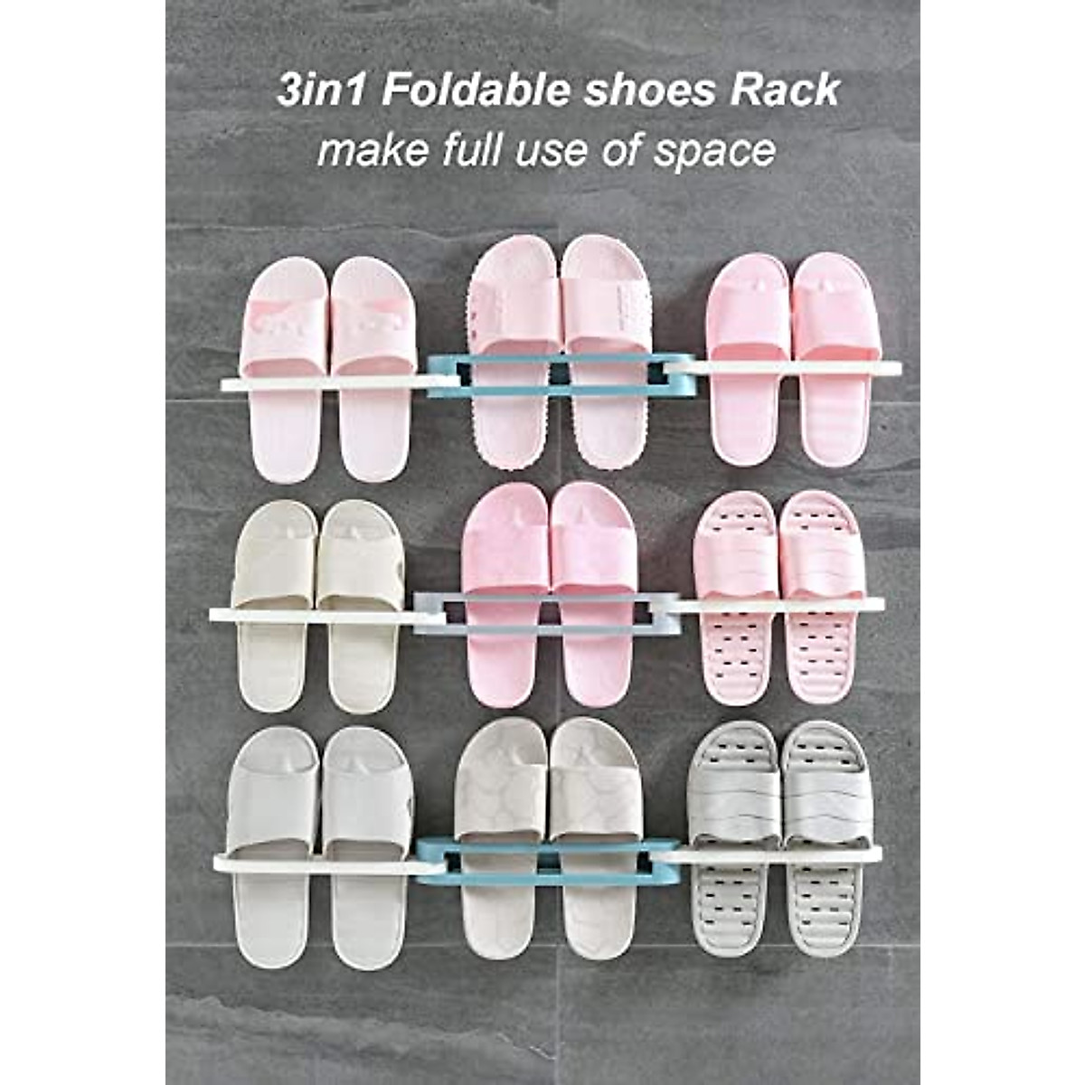 2PCS Bathroom Slippers Rack Wall Mounted Shoe 4in1Organizer Rack Folding Slippers Holder Shoes Hanger Punch-Free Storage Towel Racks (Blue)